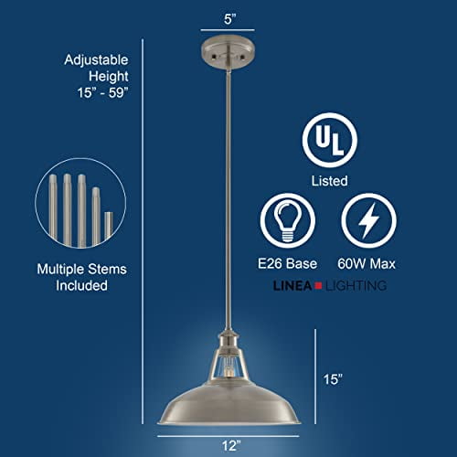 Olivera 12 inch Pendant Light | Brushed Nickel Pendant Lighting for Kitchen Island with LED Bulb ...