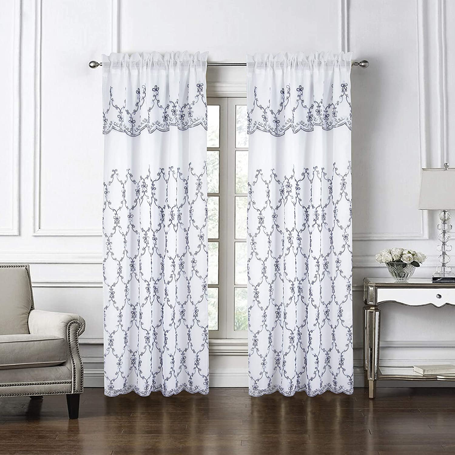 Olivia Gray Fleur Embroidered Rod Pocket Single Curtain Panel With 18 ...