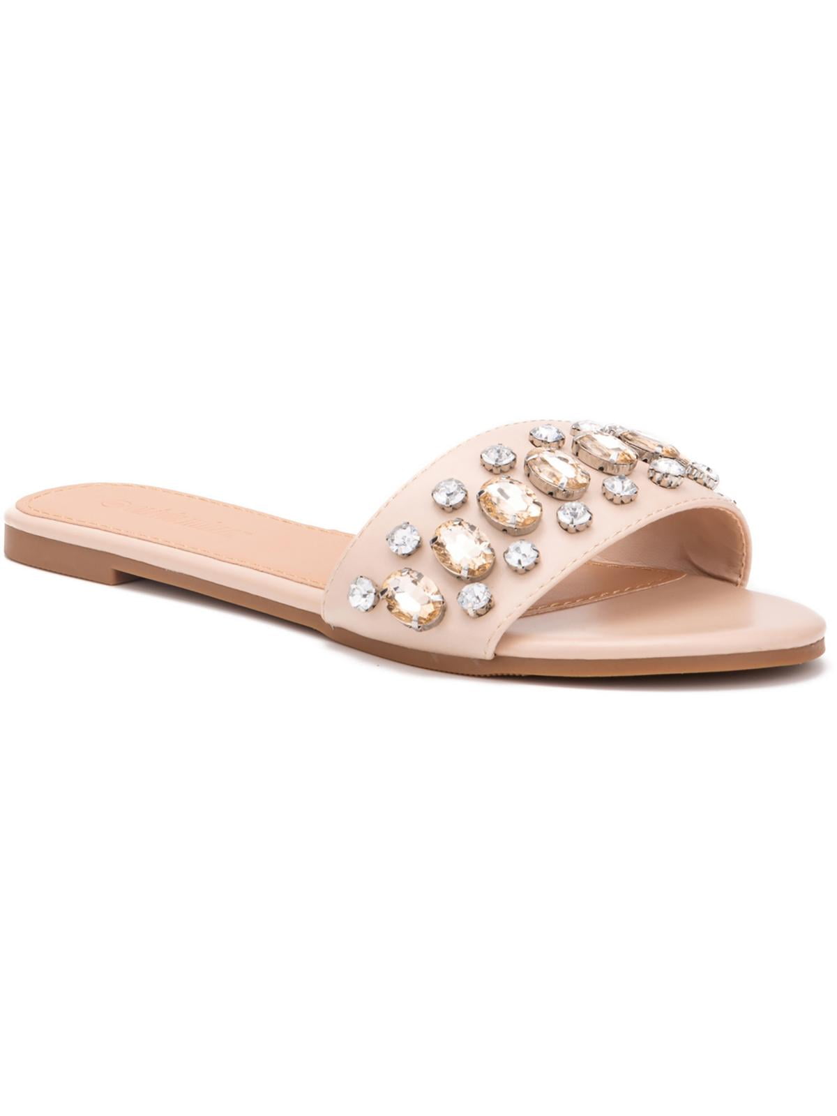 Olivia Miller Womens Elsa Faux Leather Rhinestone Slide Sandals ...