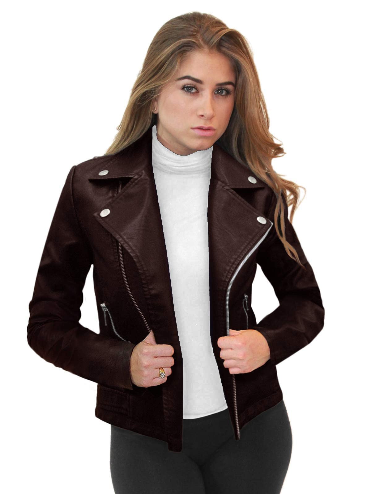Olivia Miller Women's Faux Leather Zip-Up Motorcycle Jacket, Brown L ...
