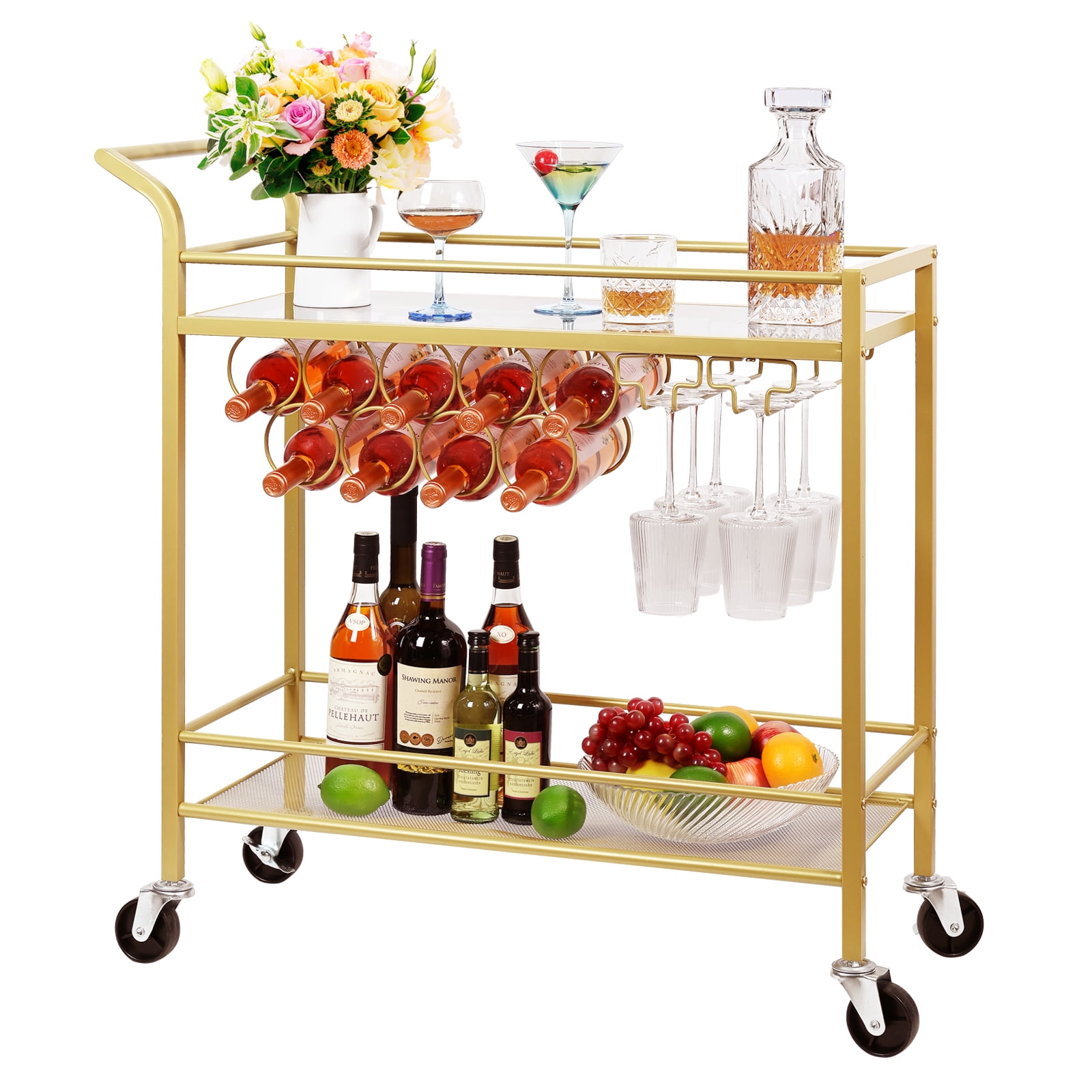 Ollieroo Rolling Kitchen Serving Carts with Wine Holder and Glass ...