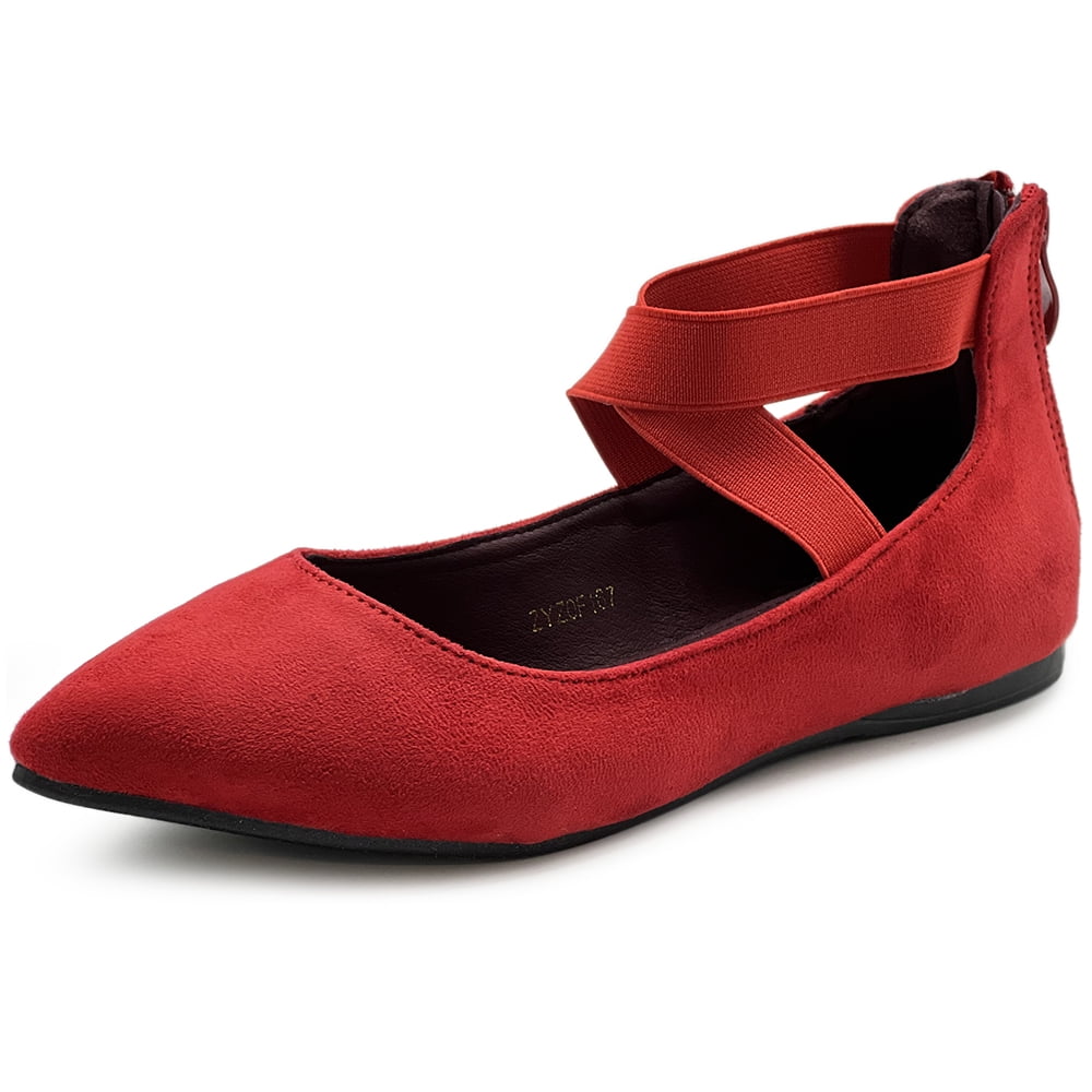 Ollio Women's Faux Suede Elastic Ankle Strap Pointed Toe Ballet Flats ...