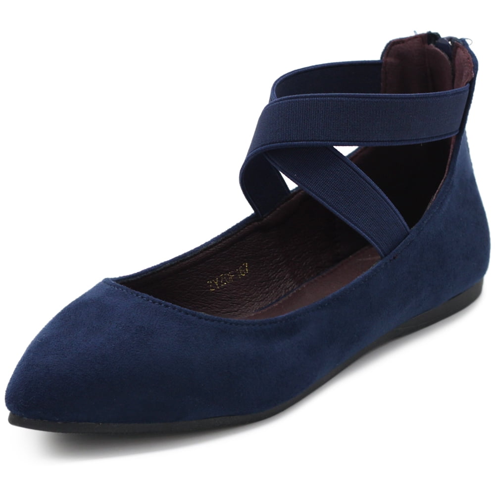 Ollio Women's Faux Suede Elastic Ankle Strap Pointed Toe Ballet Flats ...