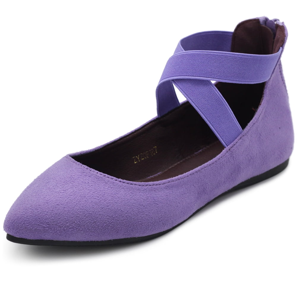 Ollio Women's Faux Suede Elastic Ankle Strap Pointed Toe Ballet Flats ...