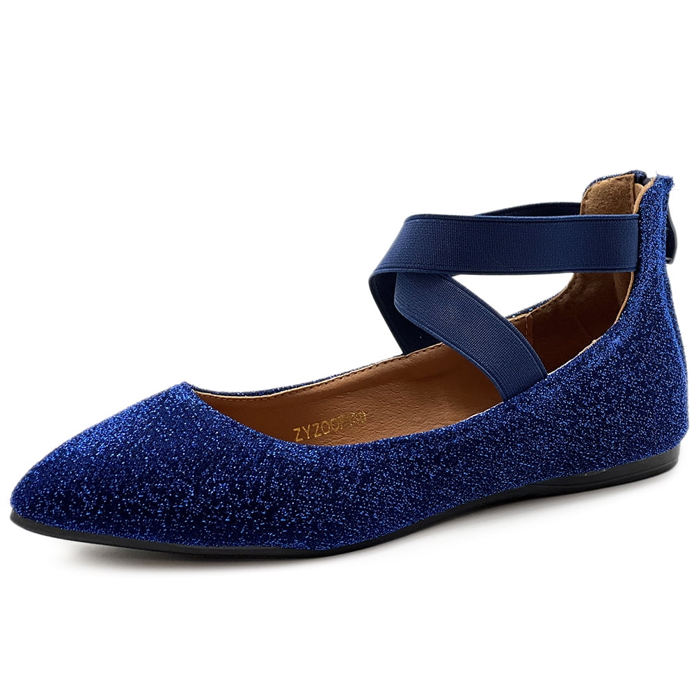 Ollio Women's Glitter Elastic Ankle Strap Pointed Toe Ballet Flats F189 ...