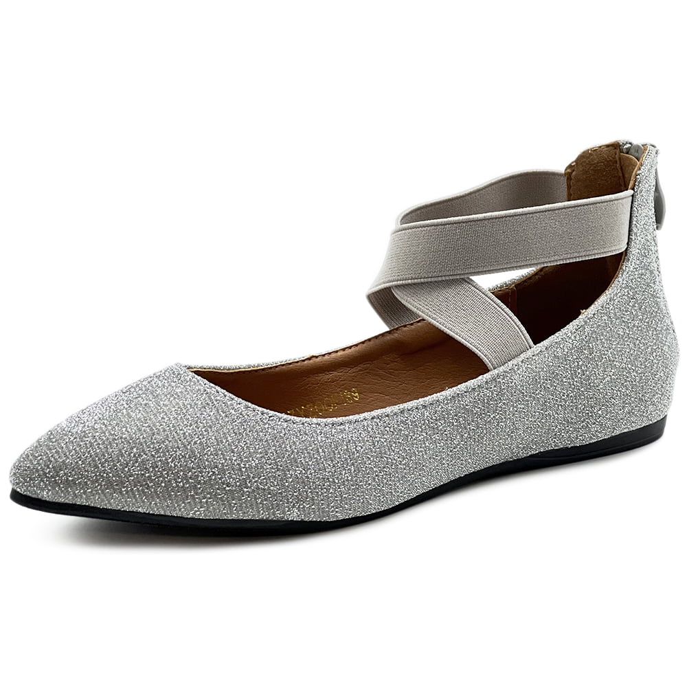 Ollio Women's Glitter Elastic Ankle Strap Pointed Toe Ballet Flats F189 ...