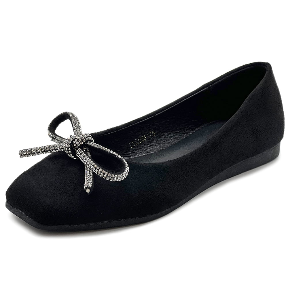 Ollio Women's Shoes Faux Suede Rhinestone Ribbon Square Toe Ballet Flat ...