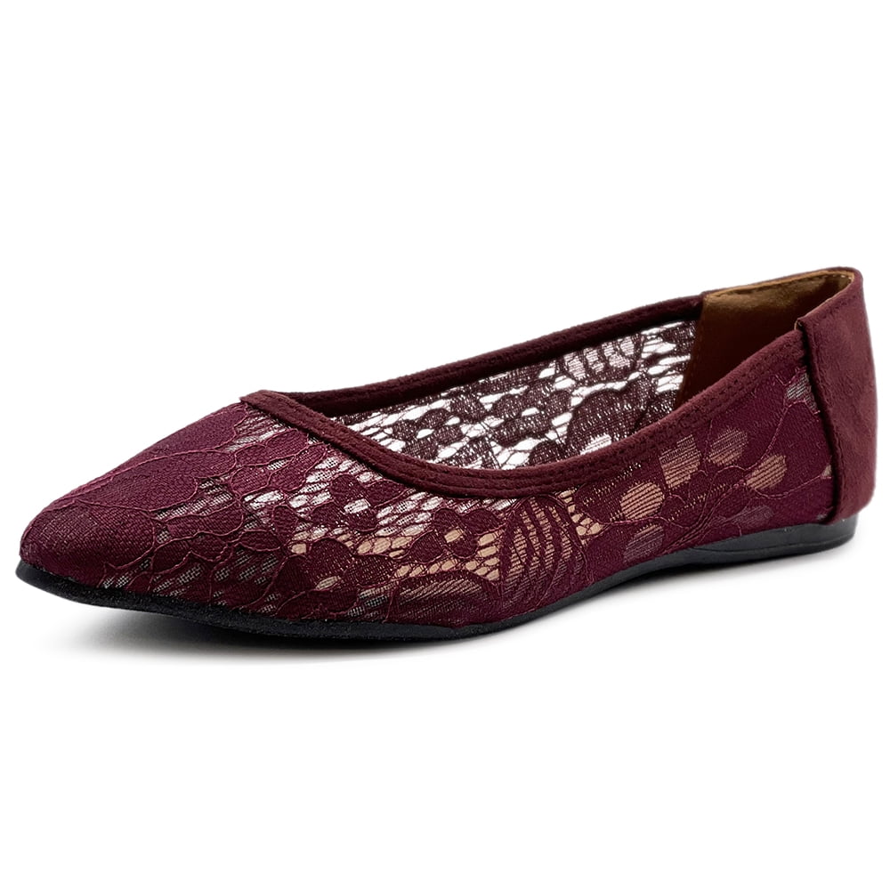 Ollio Women's Shoes Floral Lace Breathable Pointed Toe Ballet Flats ...