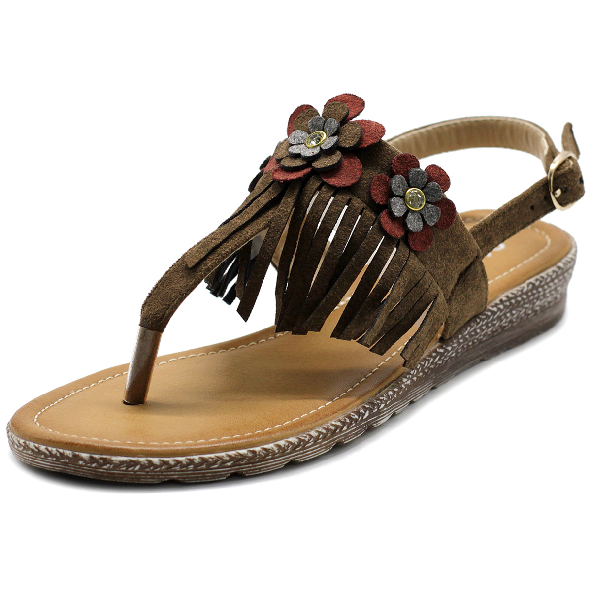 Ollio Women's Shoes Fringe Floral T-Strap Zori Flat Sandals BN07 ...