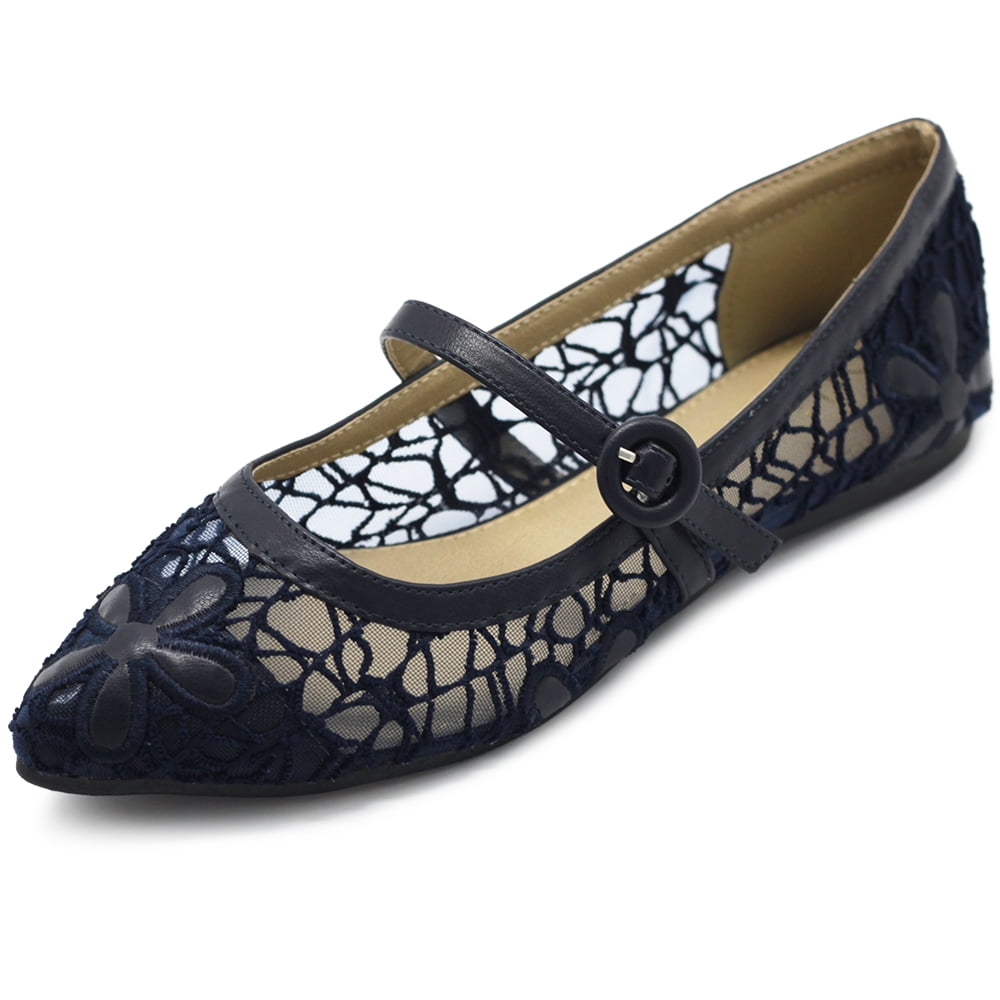 Ollio Women's Shoes Mary Jane Lace Breathable Comfort Ballet Flats ...