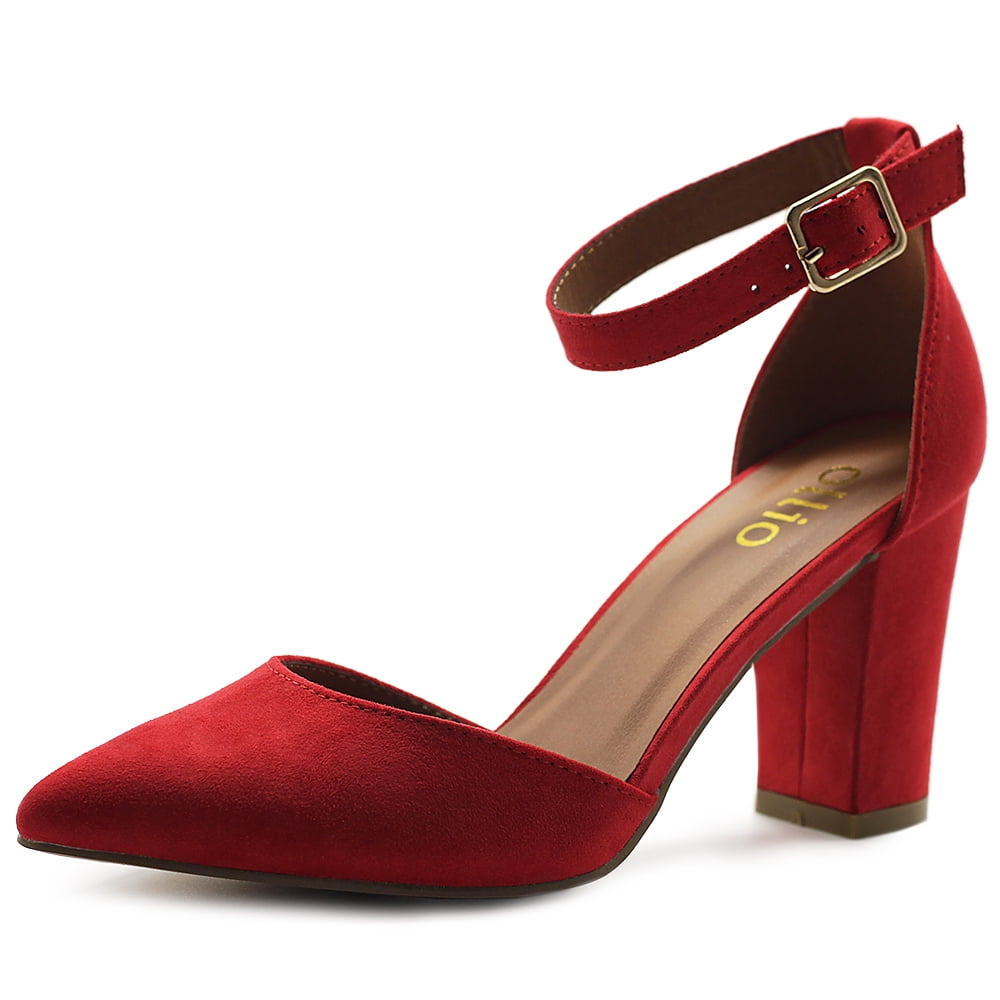 Ollio Women's Shoes Pointed Toe Ankle Straps Chunky Heels Pumps H95 ...