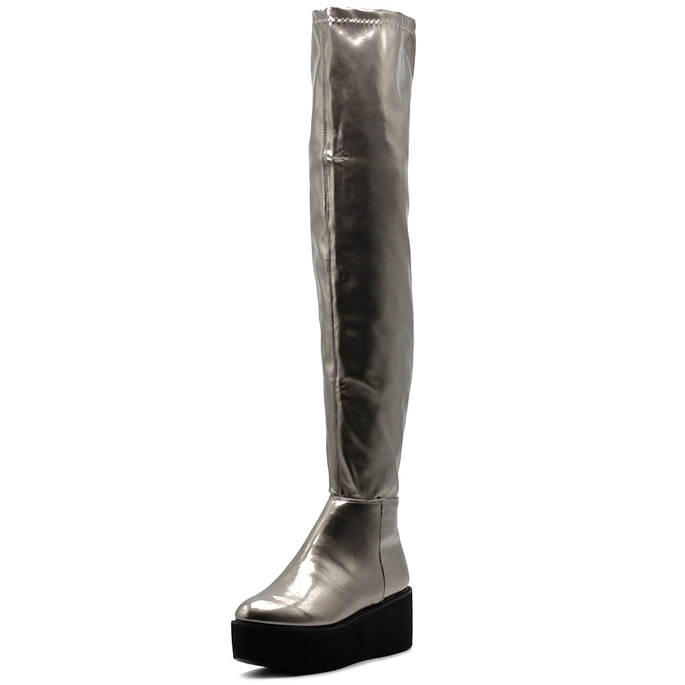 Ollio Women's Shoes Stretch Faux Leather Thigh-high Flat Platform High ...