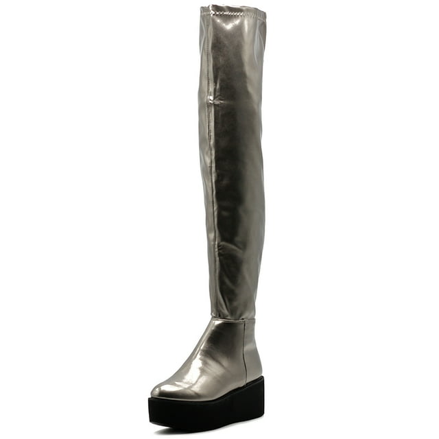 Ollio Women's Shoes Stretch Faux Leather Thigh-high Flat Platform High ...