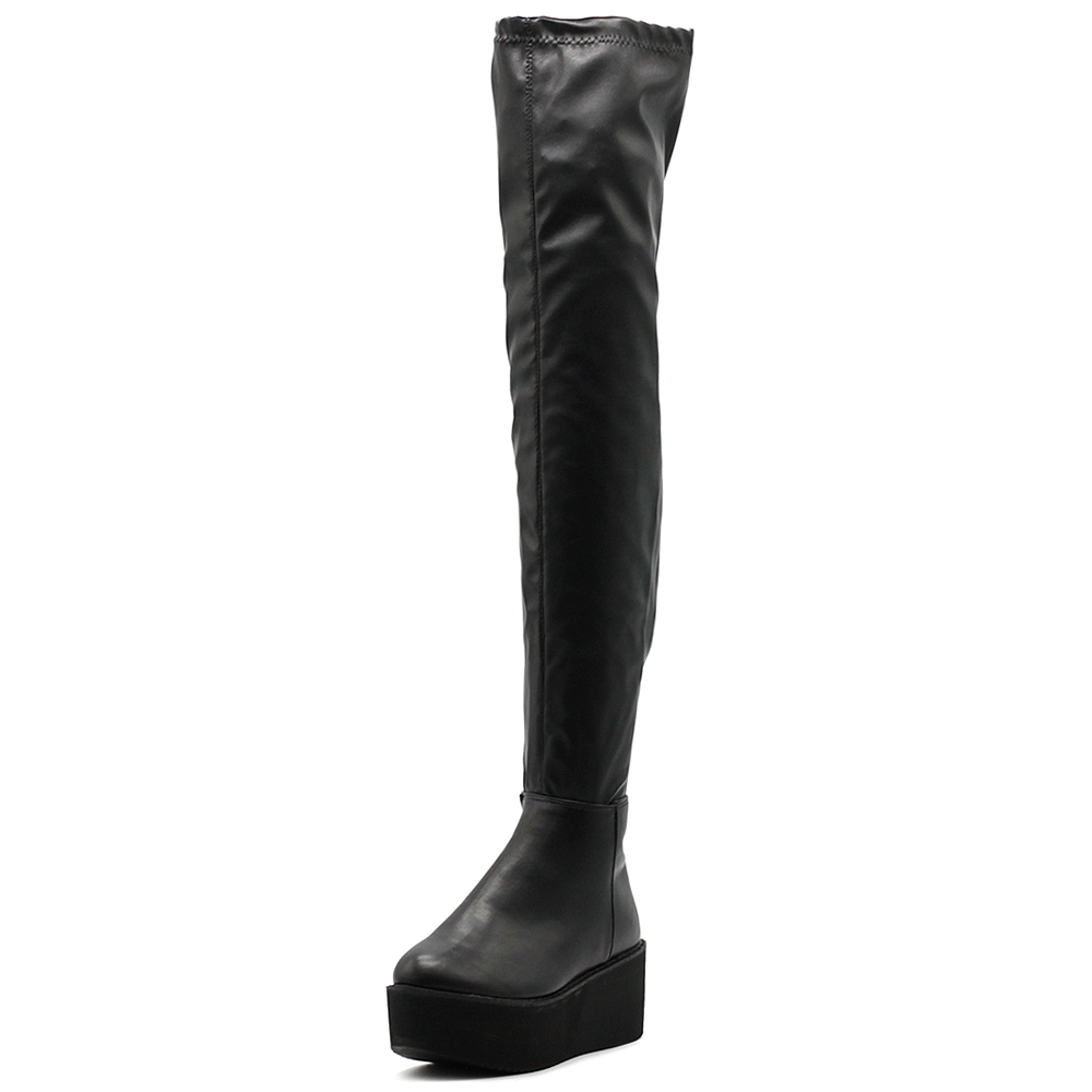 Ollio Women's Shoes Stretch Faux Leather Thigh-high Flat Platform High ...