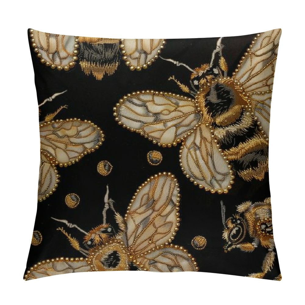 Ollo0ord Bee Throw Pillow Covers,Gold Embroidery Bee and On A Black ...