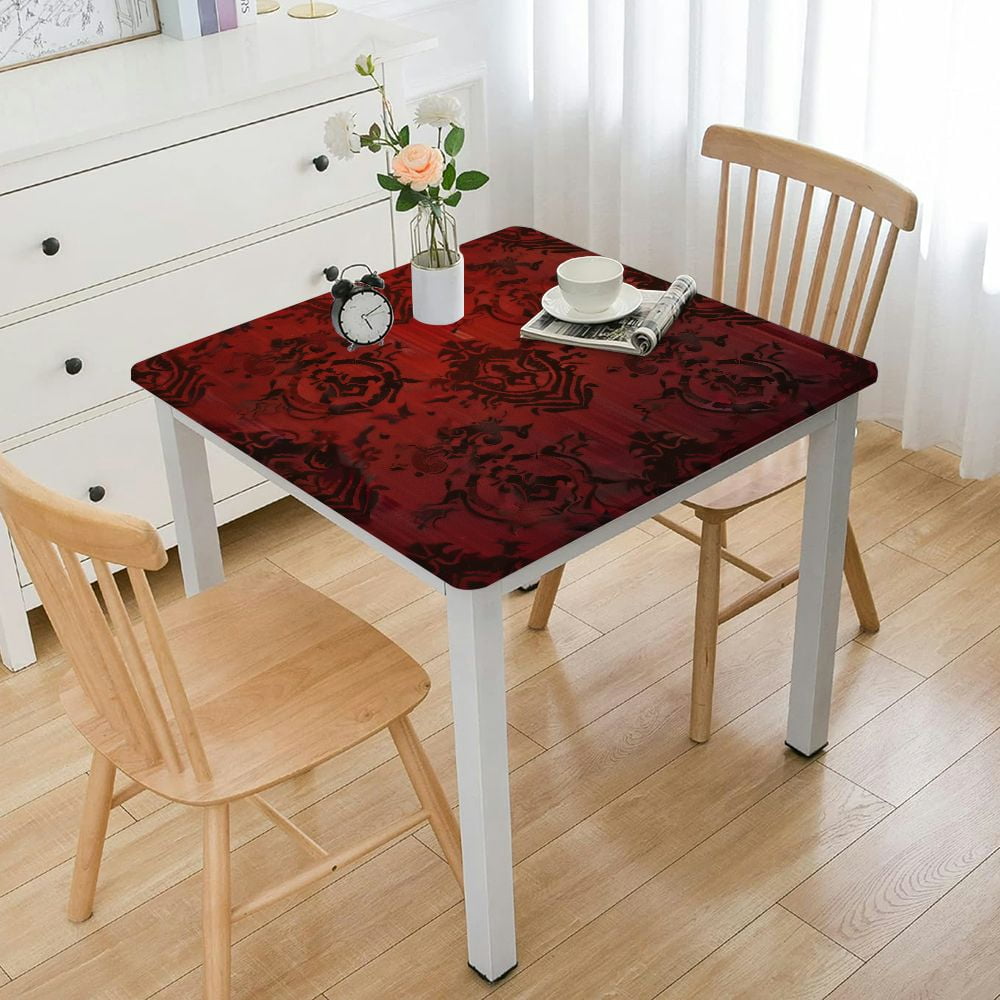 Ollo0ord Decorative Fitted Table Cover for Square Tables, Maroon Polyester Elastic Edged Table ...