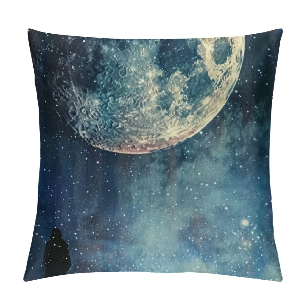 Ollo0ord Moon Print, Pillow Cover,Night Sky with Stars Full Moon,Square Decorative Throw Pillow ...