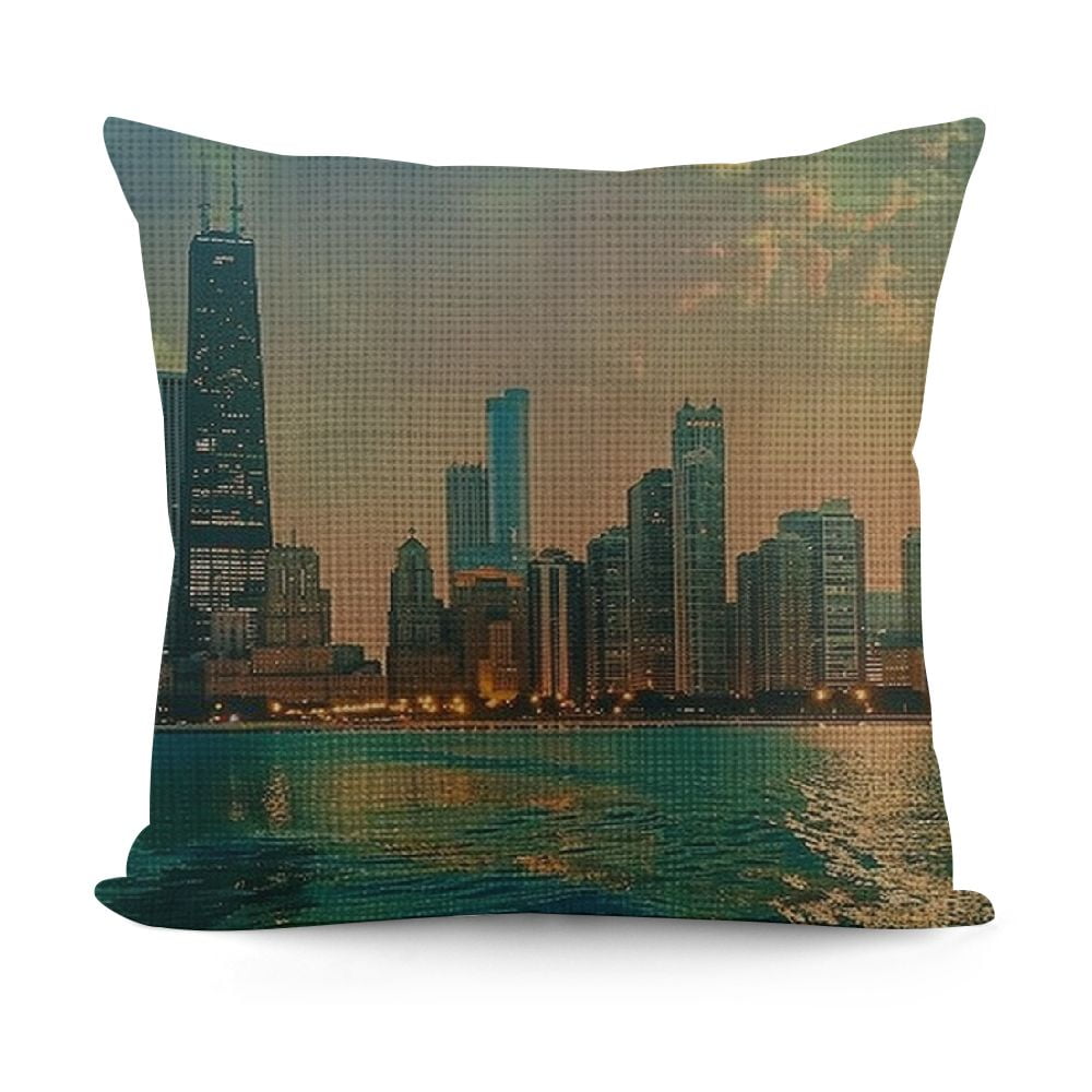 Ollo0ord Throw Pillow Cover Linen Farmhouse Chicago Skyline Exposure ...