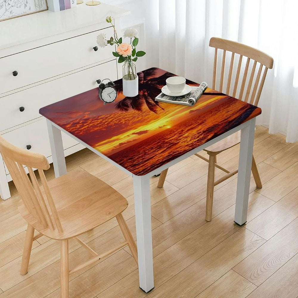 Ollo0ord Tropical Square Table Cove, Sunset Tropical Beach with Palm ...