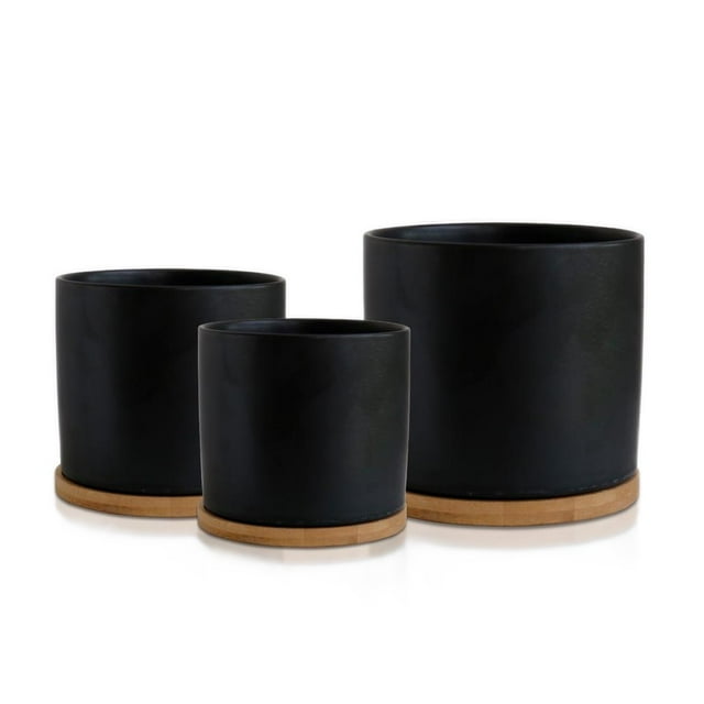 Olly & Rose Black Ceramic Plant Pots Set of 3 with Bamboo Coasters ...