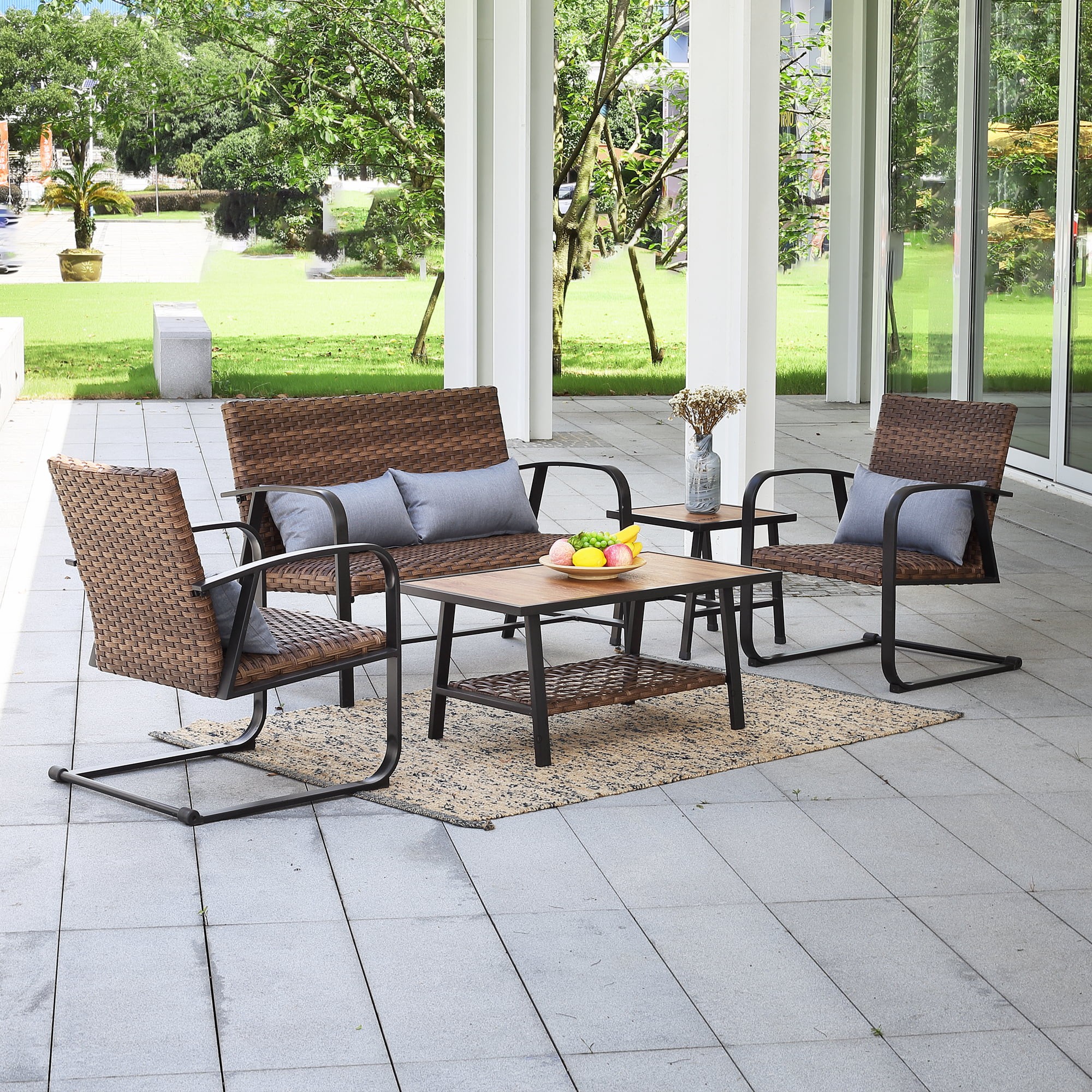 Olmia 5-Piece Outdoor Wicker Set, Spring Rocking Chair with Cushions ...