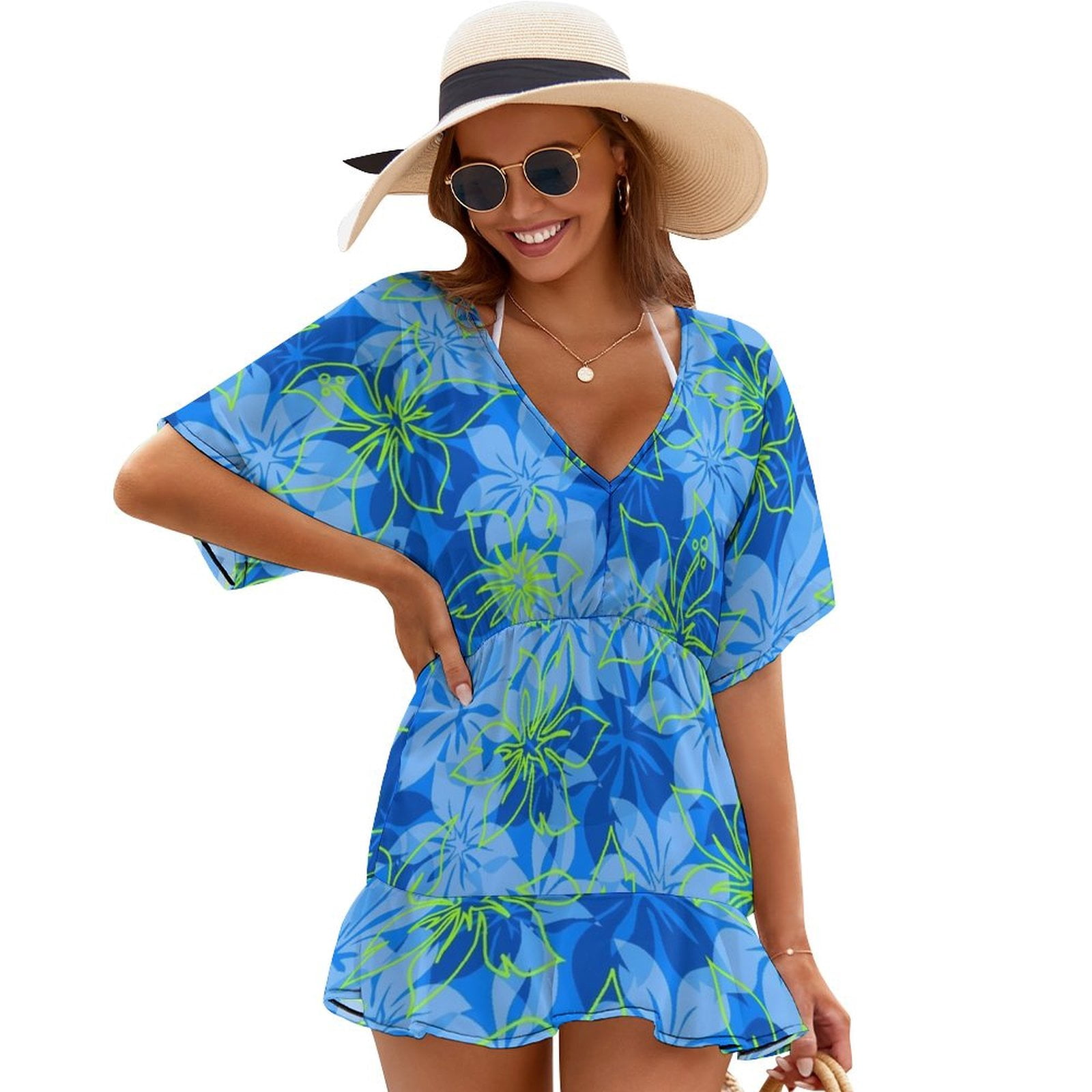 Olowalu Hibiscus Hawaiian Aloha Shirt Print - Blue and Lime Cover Ups ...