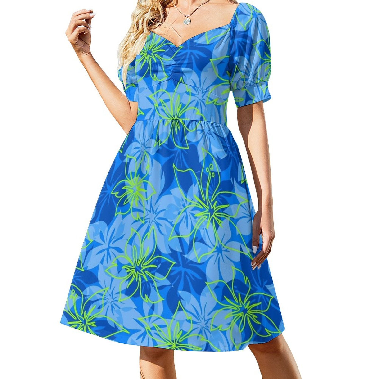 Olowalu Hibiscus Hawaiian Aloha Shirt Print - Blue and Lime Dress women ...