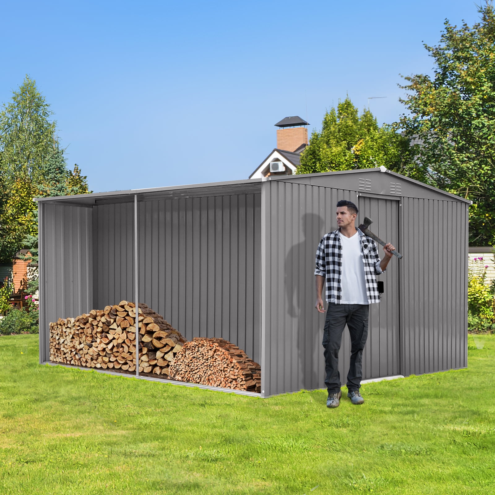 Olurrisa 13x11 FT Dual Function Outdoor Storage Shed, Grey Metal Shed with Firewood Storage ...