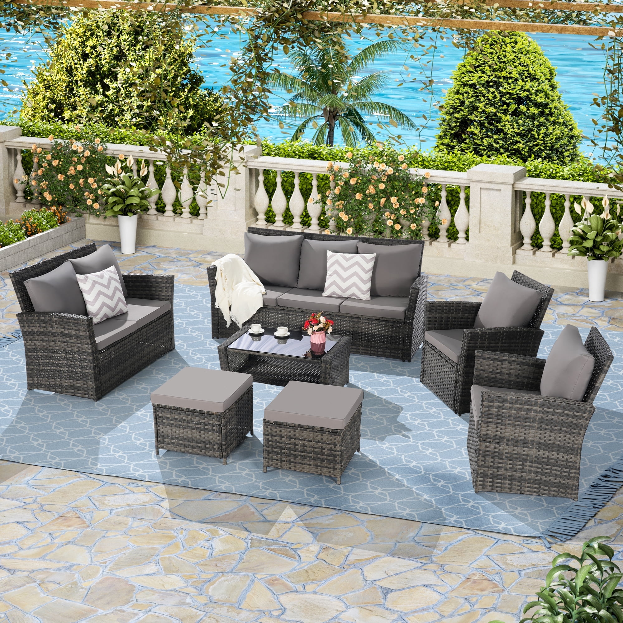 Olurrisa 7-Piece 9-Seater Gray Patio Set – PE Rattan & Steel Furniture ...