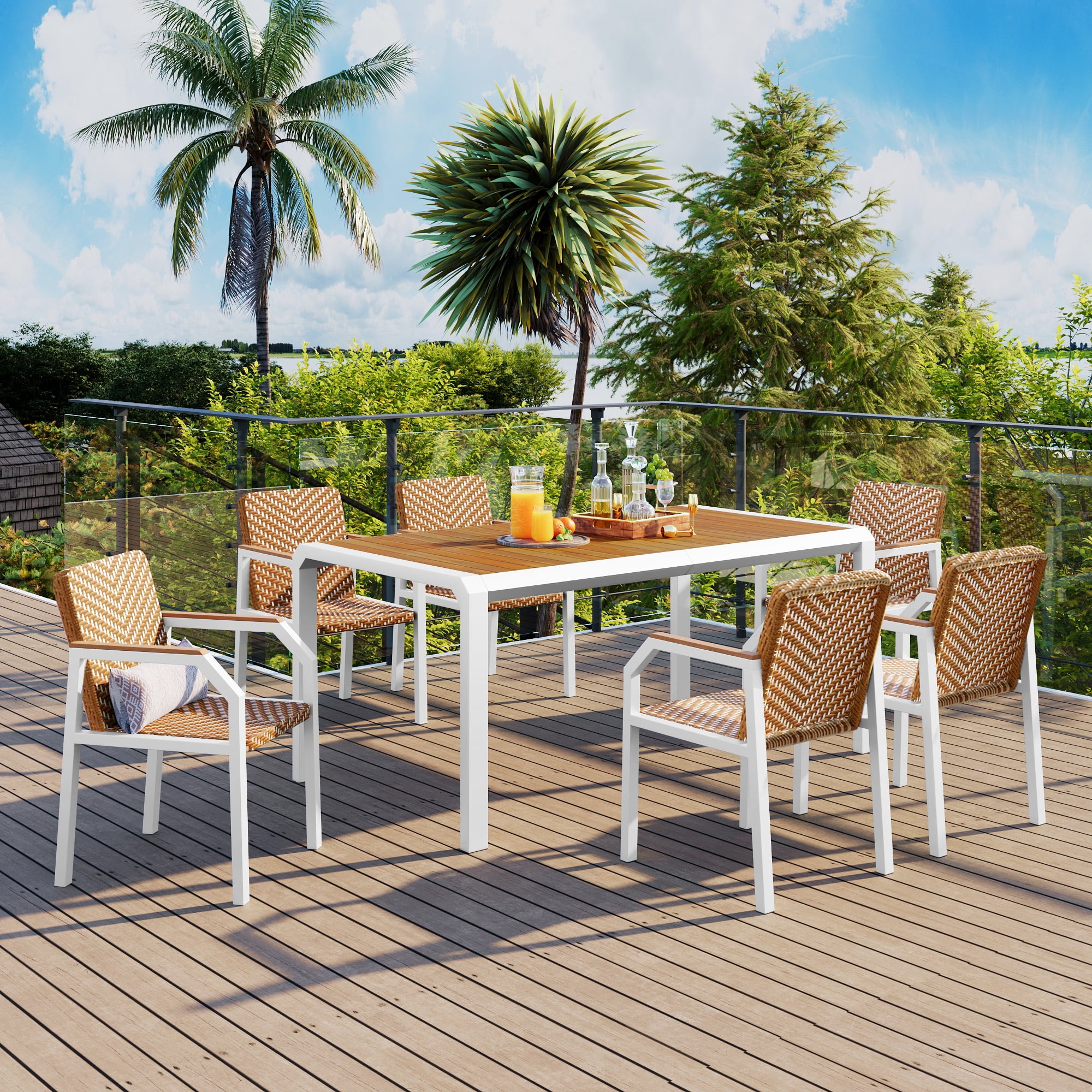 Olurrisa 7 Piece Patio Dining Table Set, Outdoor Wicker Furniture Set of 6 Chairs, Two Tone ...