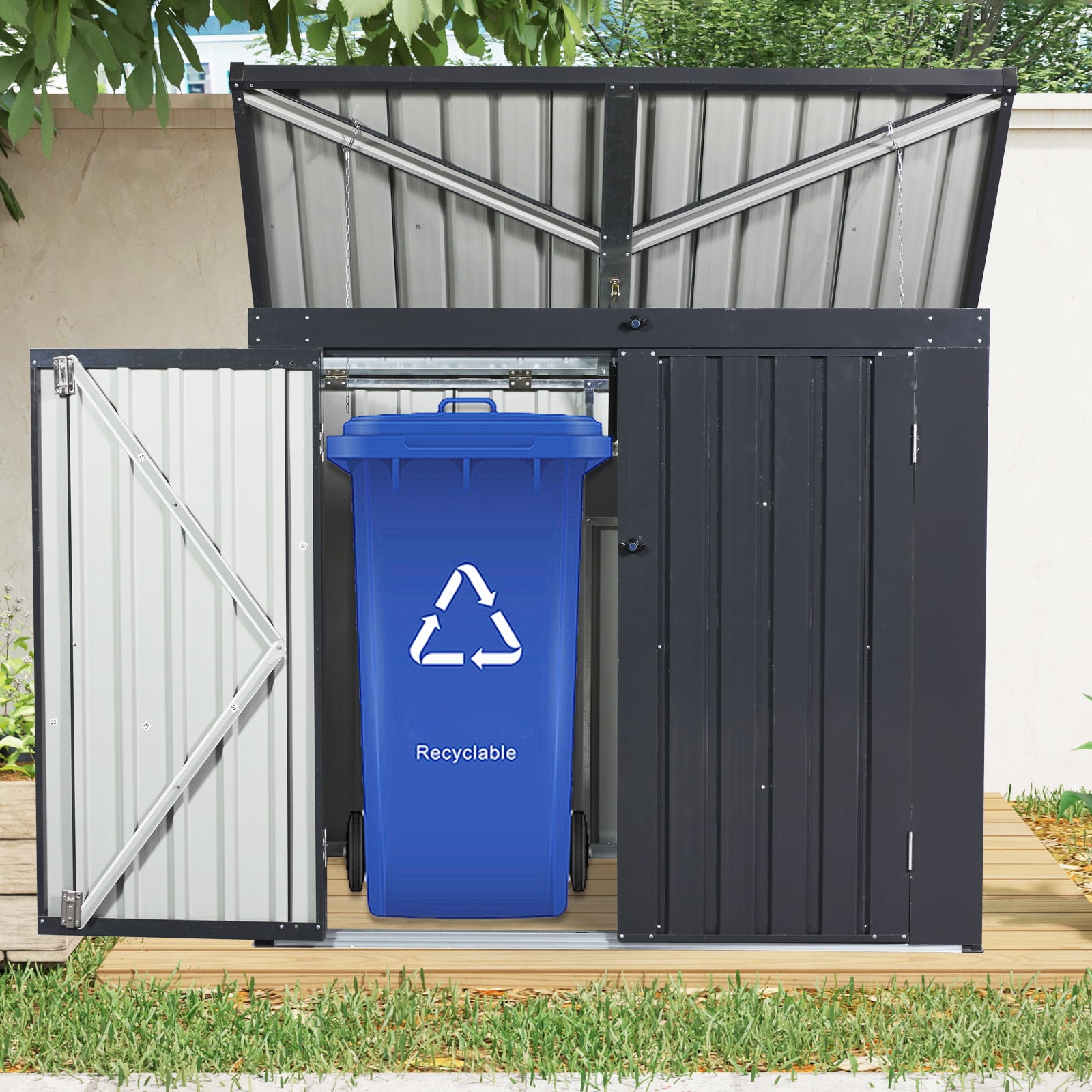 Olurrisa Outdoor Garbage Bin Shed for 2 Trash Cans, Black Metal Storage ...