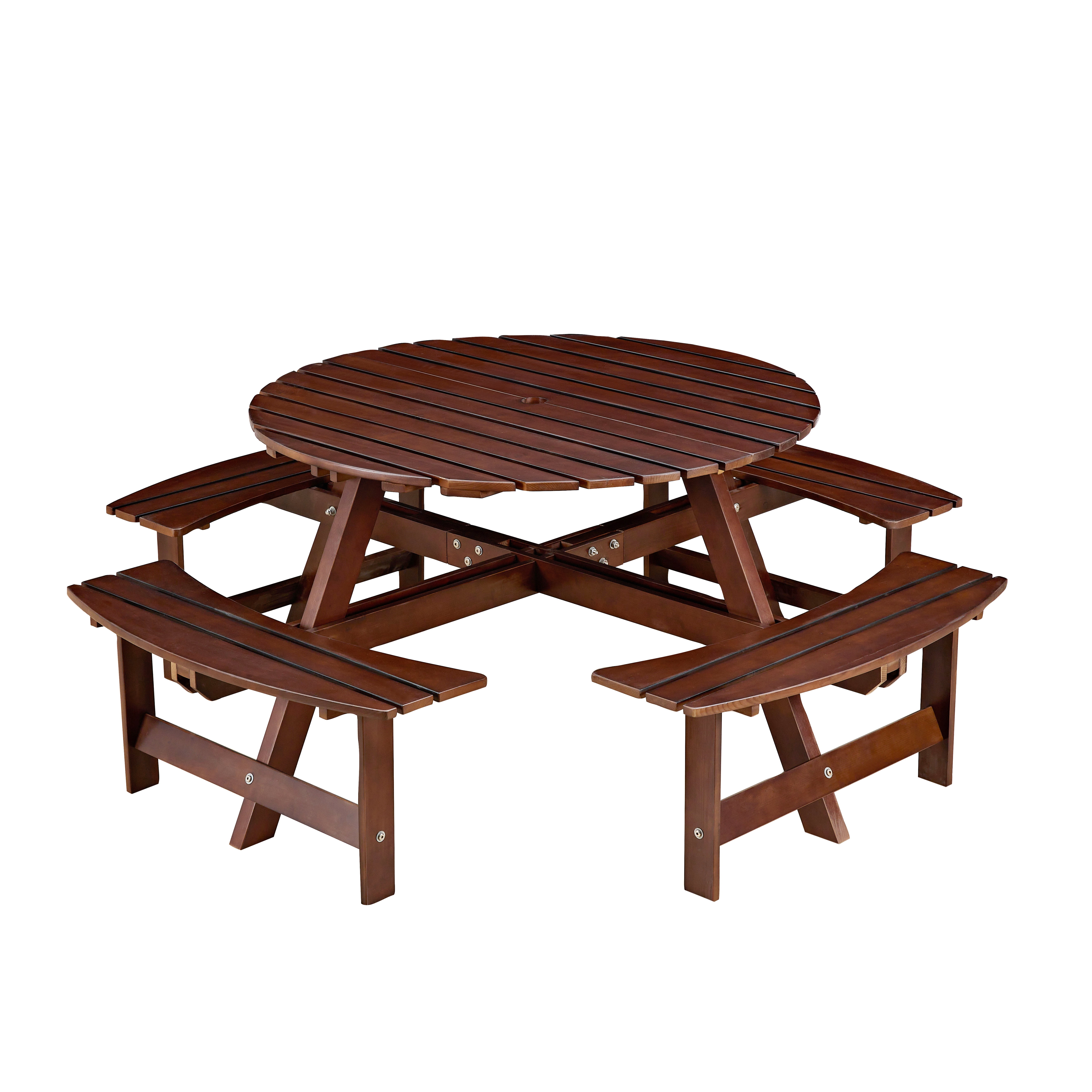 Olurrisa Weatherproof Round Picnic Table – 8-Person Natural Wood Design ...