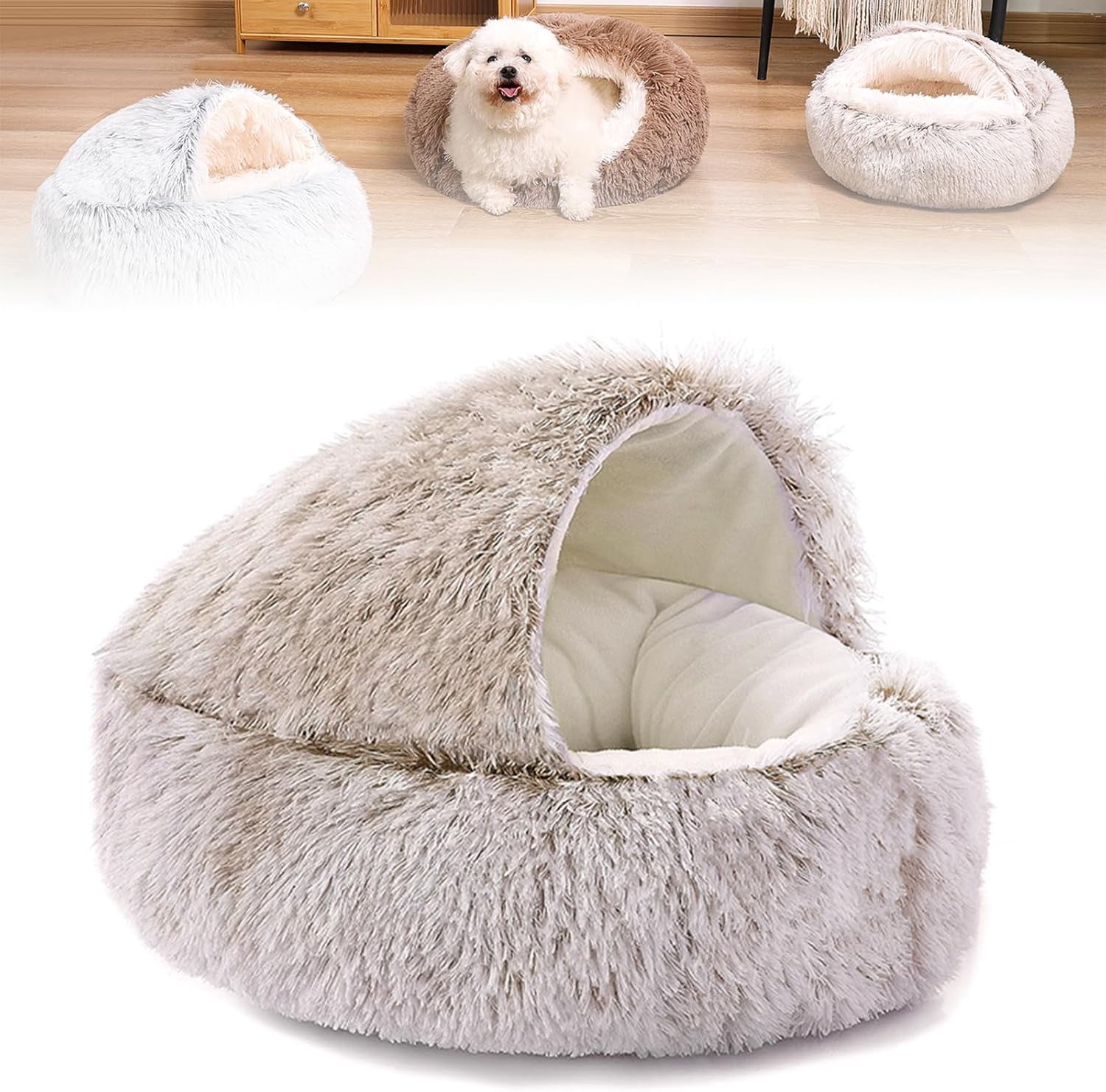 Olvys Cozy Cocoon Dogs Bed, Cat Bed Round Plush Fluffy Hooded Cat Bed ...