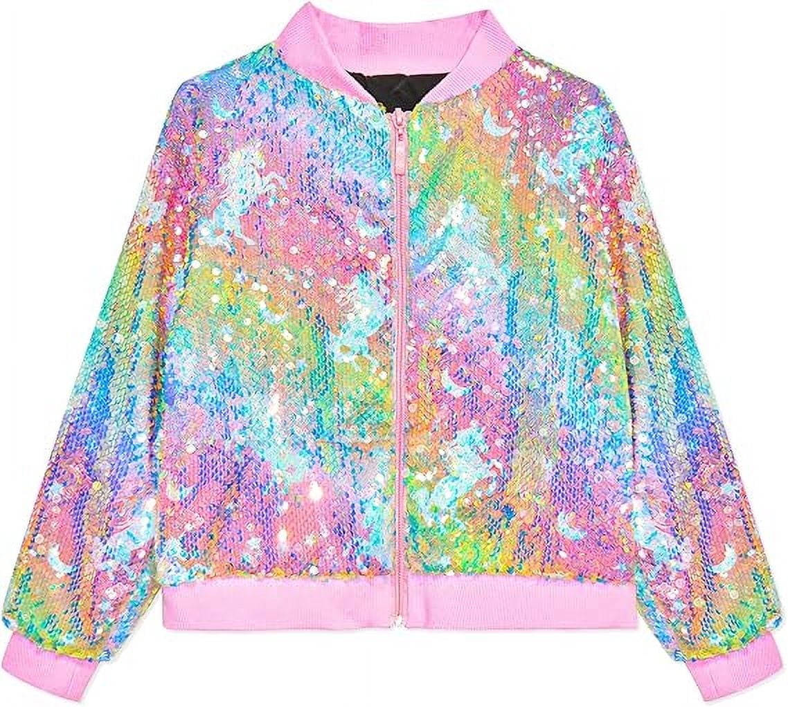 OlyPegic Girls Sequin Jackets Kids Bomber Jacket with Pockets Sparkle ...