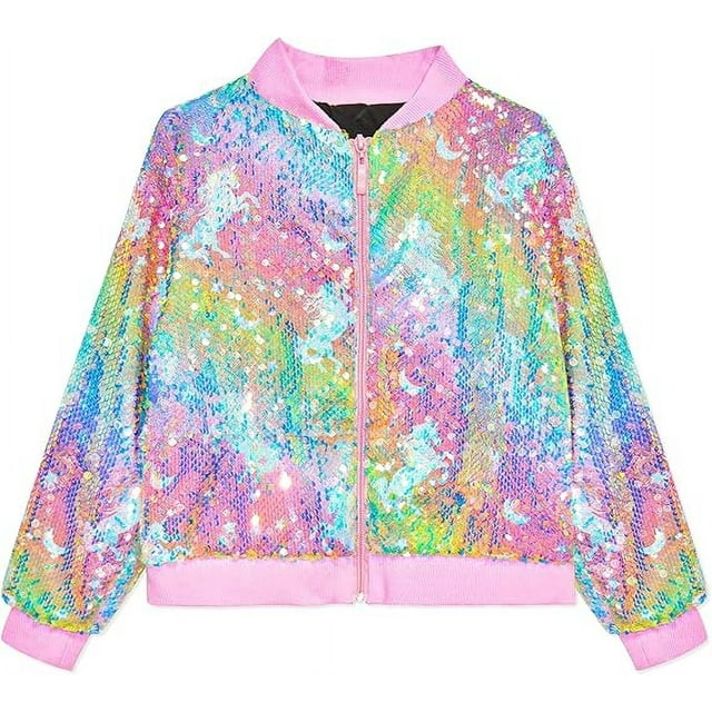 OlyPegic Girls Sequin Jackets Kids Bomber Jacket with Pockets Sparkle Outwear Zipper Coat Long ...