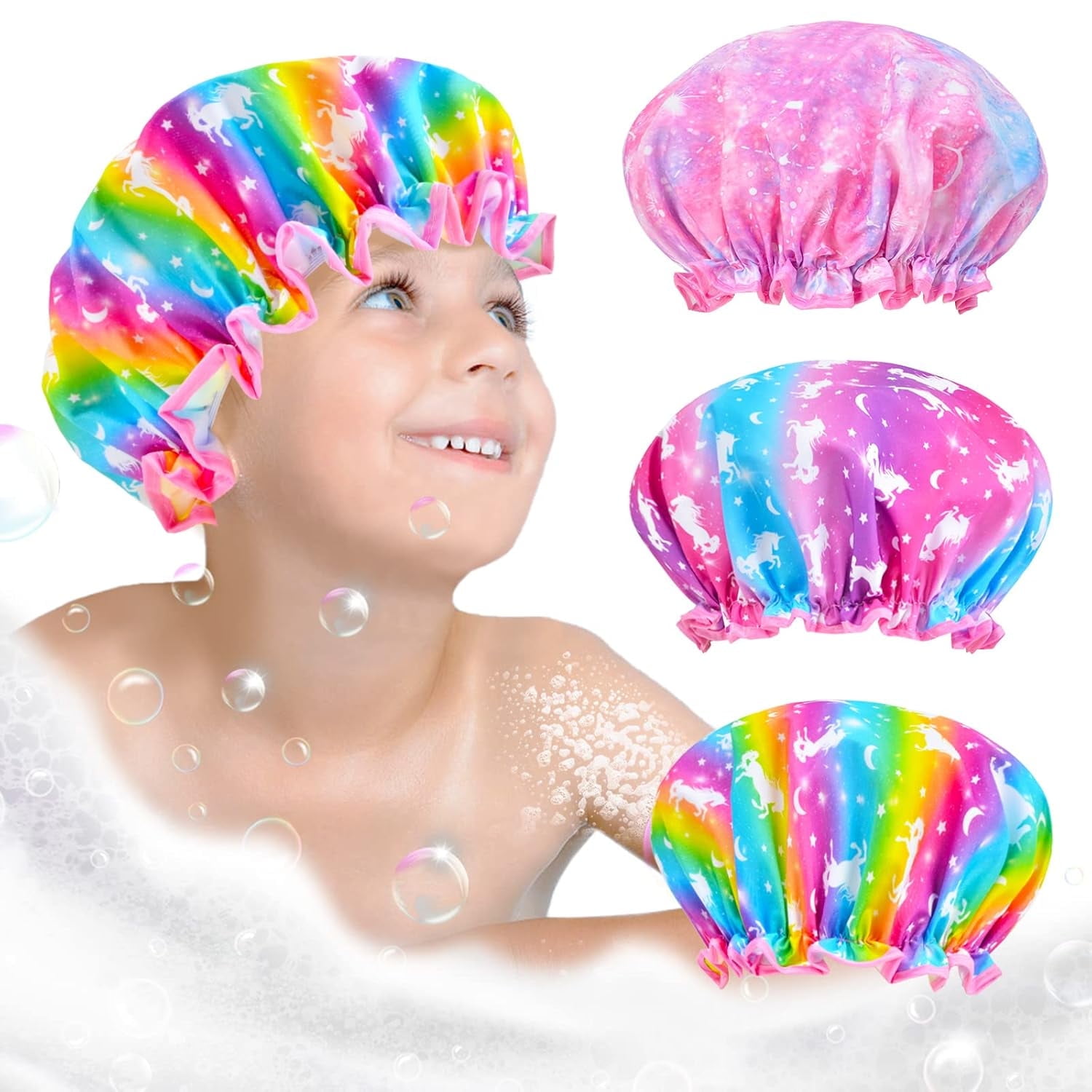 OlyPegic Kids Shower Caps, 3 Pcs Reusable Waterproof Tie Dye Shower ...