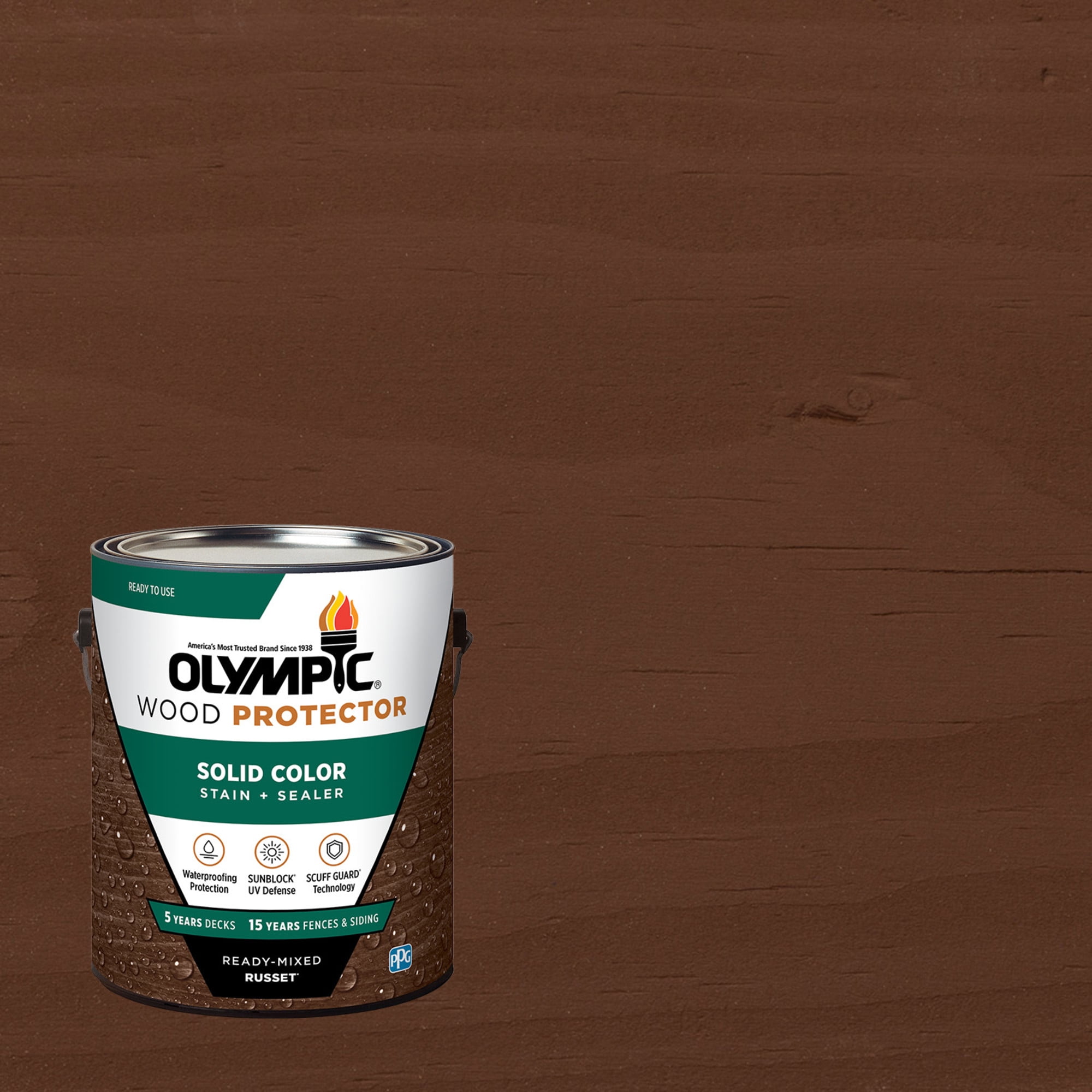 Olympic 1 Gallon Russet Solid Color Exterior Wood Stain Plus Sealer in ...