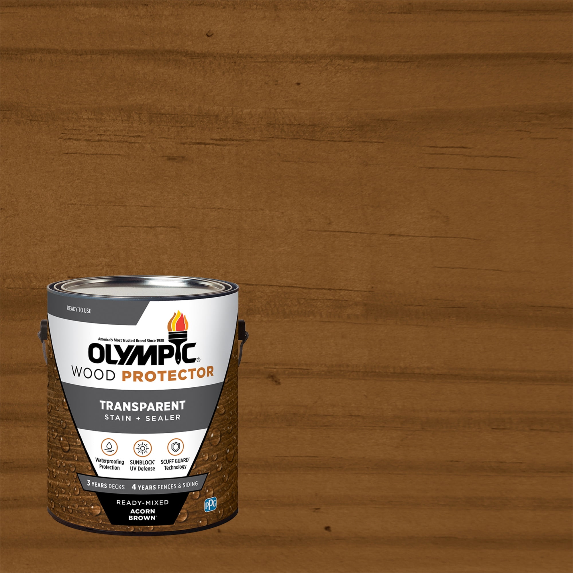 Olympic 1 Gallon Acorn Brown Transparent Exterior Wood Stain Plus ...