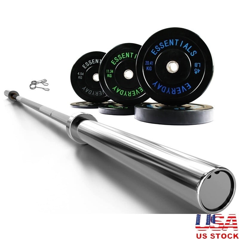 Olympic Bumper Plate Weight Set 160lbs with 7ft Barbell & Clips Heavy ...
