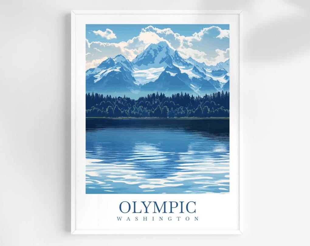 Olympic Washington State Travel Print Wall Art - Illustrated Mountain & Pacific Coastline, Lake ...