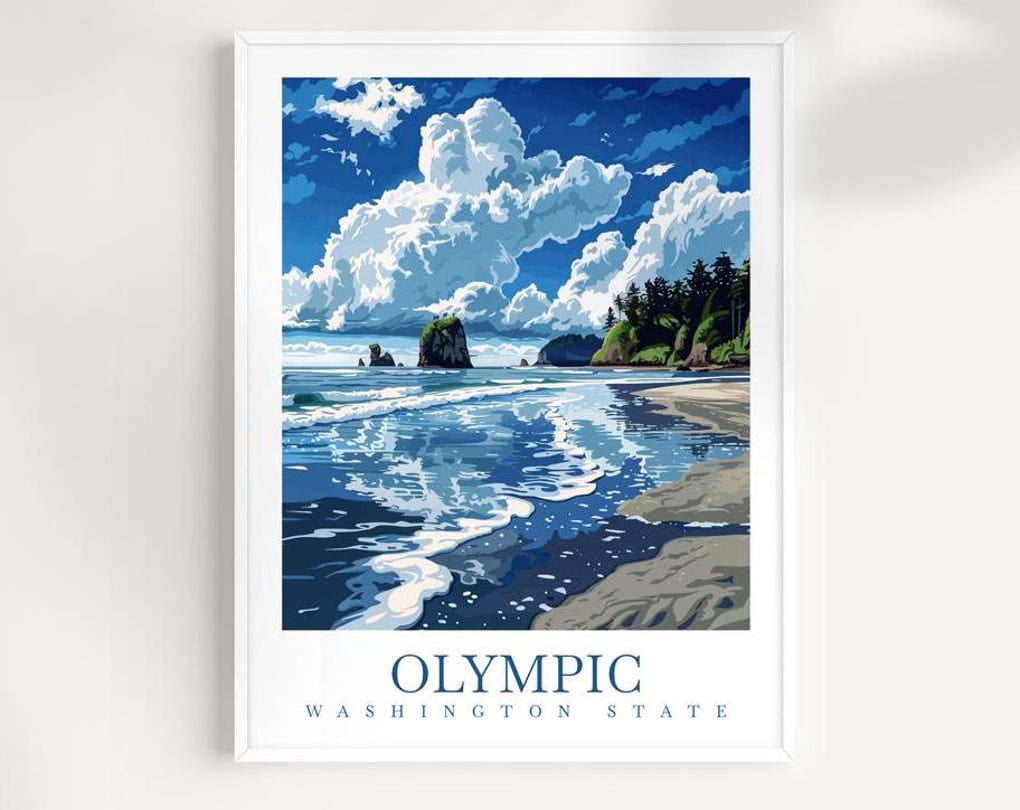 Olympic Washington State Travel Print Wall Art - Illustrated Mountain ...