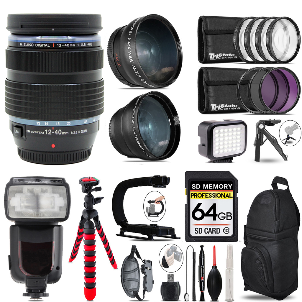 Olympus M 12-40mm f/2.8 ED+ LED Light + Tripod - 64GB Accessory Bundle ...