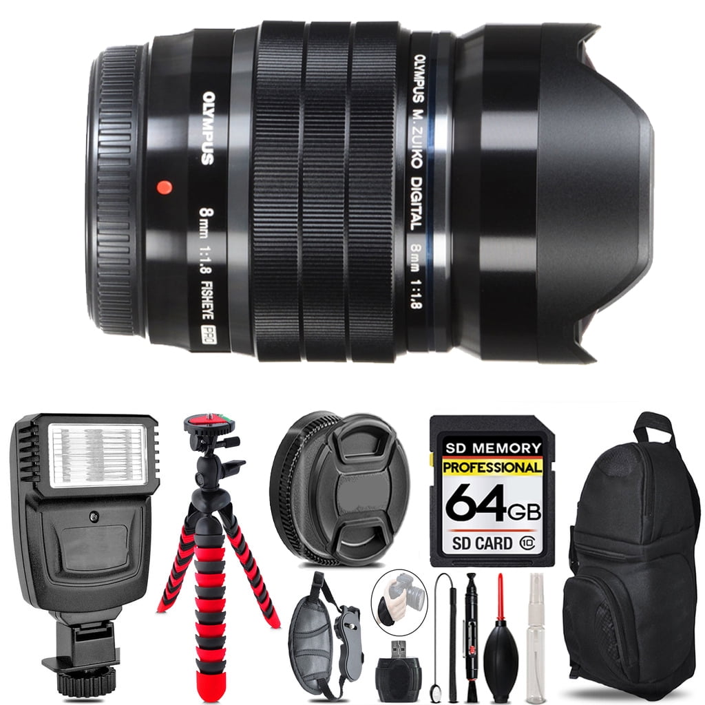 Olympus M.Zuiko Digital ED 8mm f/1.8 Fisheye PRO Lens + Flash + Tripod ...