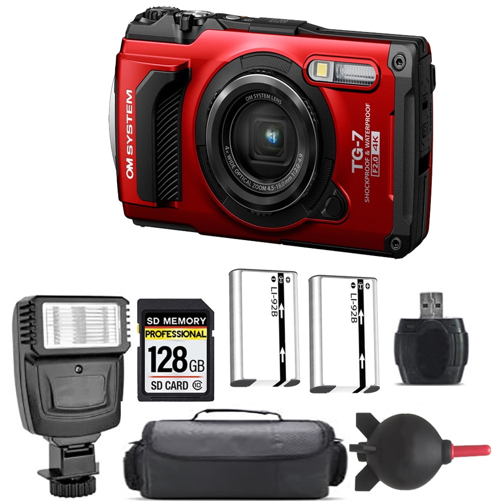 Olympus OM SYSTEM Tough TG-7 Digital Camera (Red) + Extra Battery + Flash - 128GB Kit ...