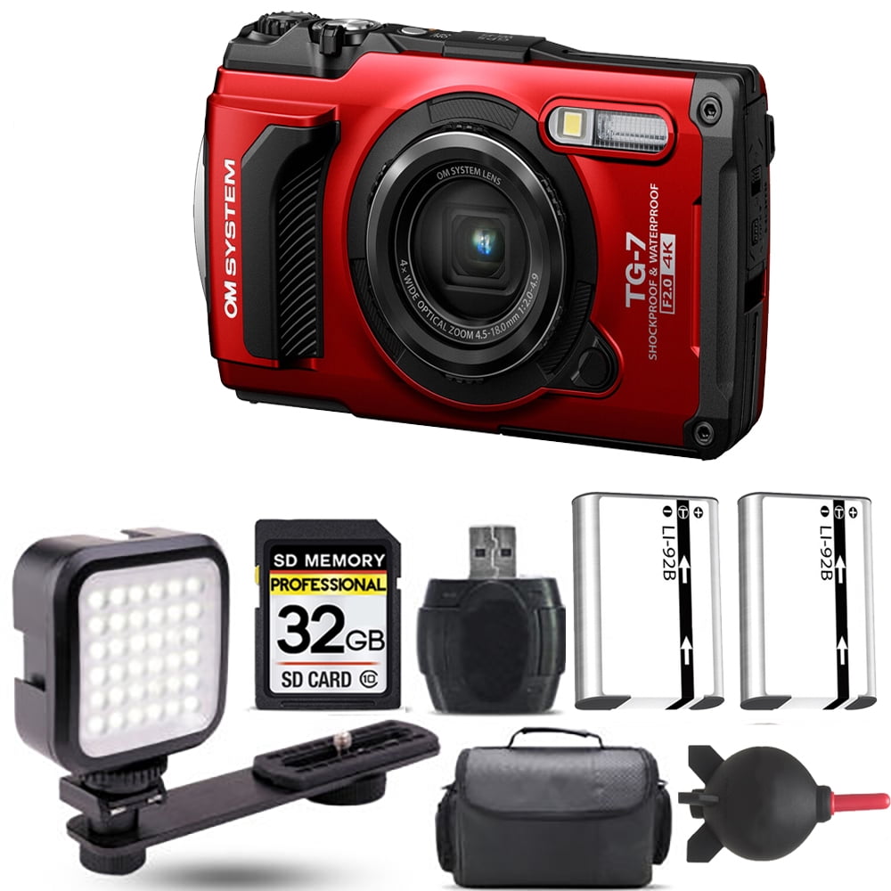 Olympus OM SYSTEM Tough TG-7 Digital Camera (Red)+ Extra Battery + LED - 32GB Kit (International ...