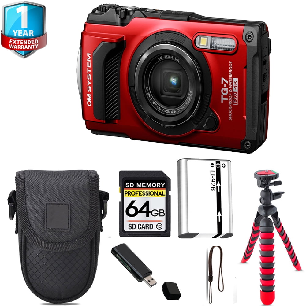 Olympus OM SYSTEM Tough TG-7 Digital Camera (Red) + Tripod + 1 Yr ...