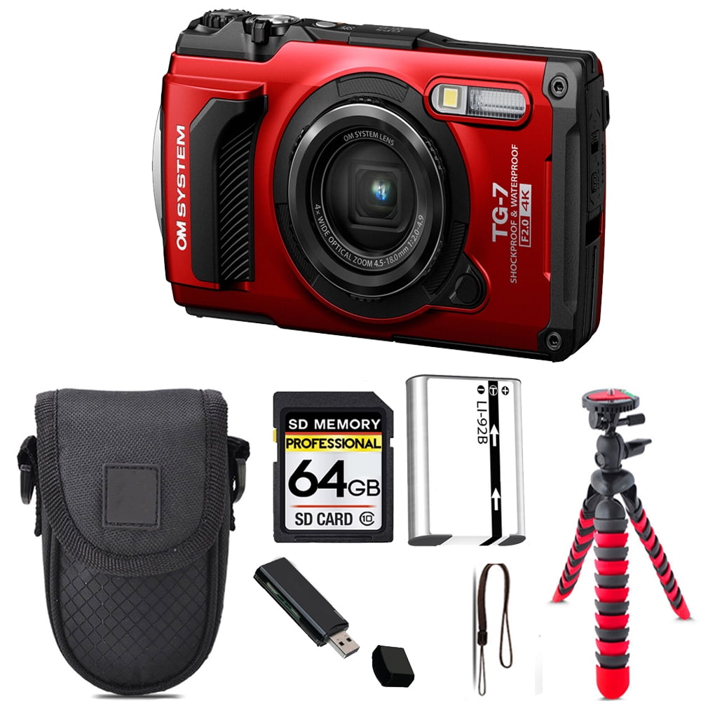 Olympus OM SYSTEM Tough TG-7 Digital Camera (Red) + Tripod + Case ...