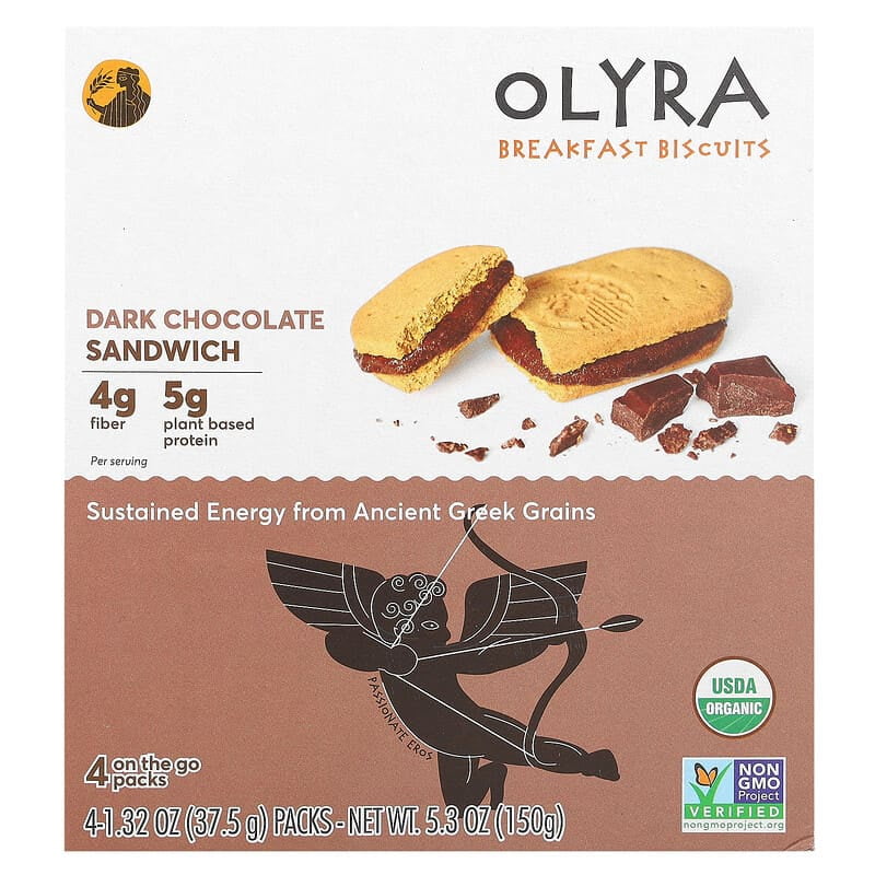 Olyra, Organic Breakfast Biscuits, Dark Chocolate Sandwich, 4 Packs, 1.32 oz (37.5 g) Each Pack ...