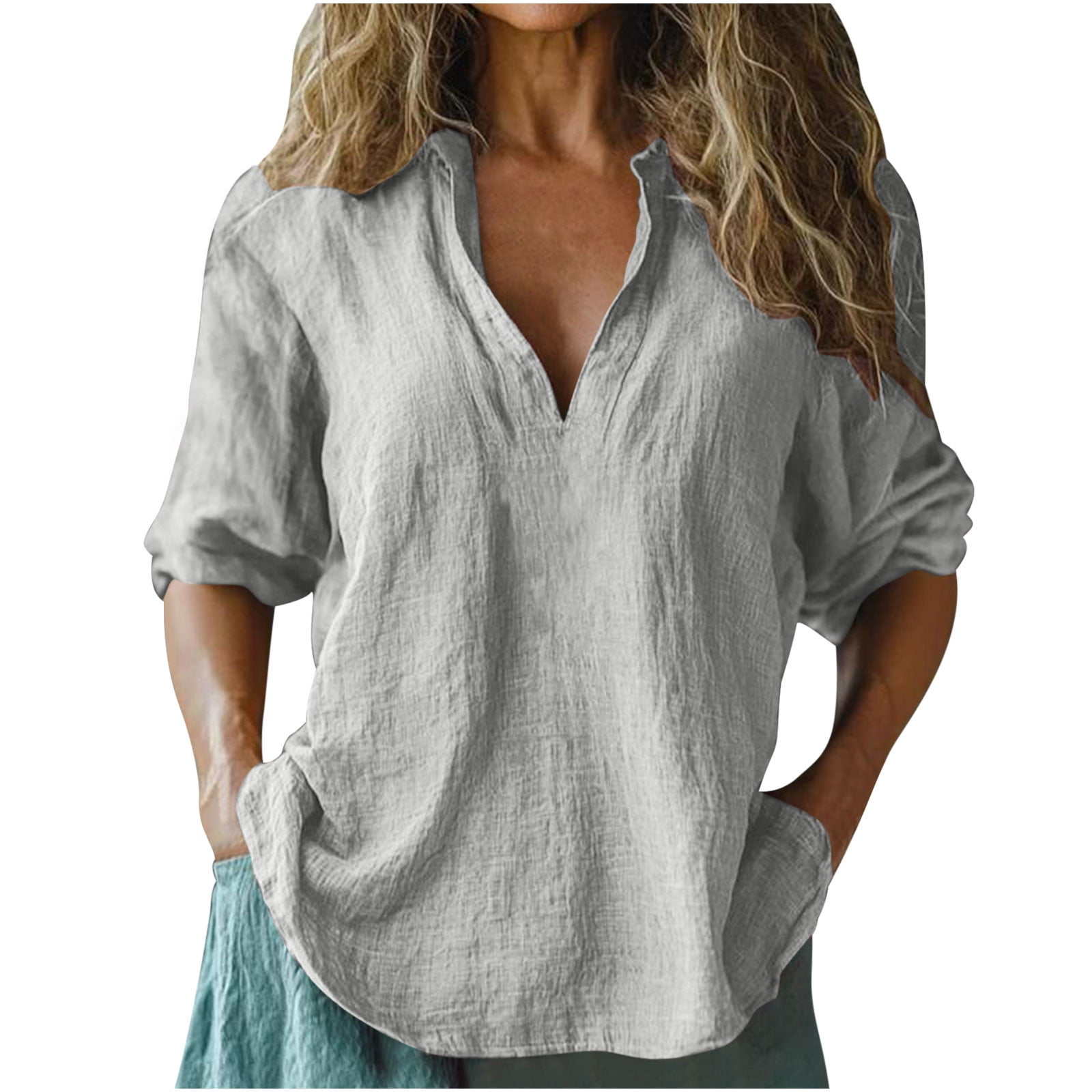 Olyvenn 2025 Summer Linen Shirts for Women Casual 3/4 Sleeve Loose Fit ...