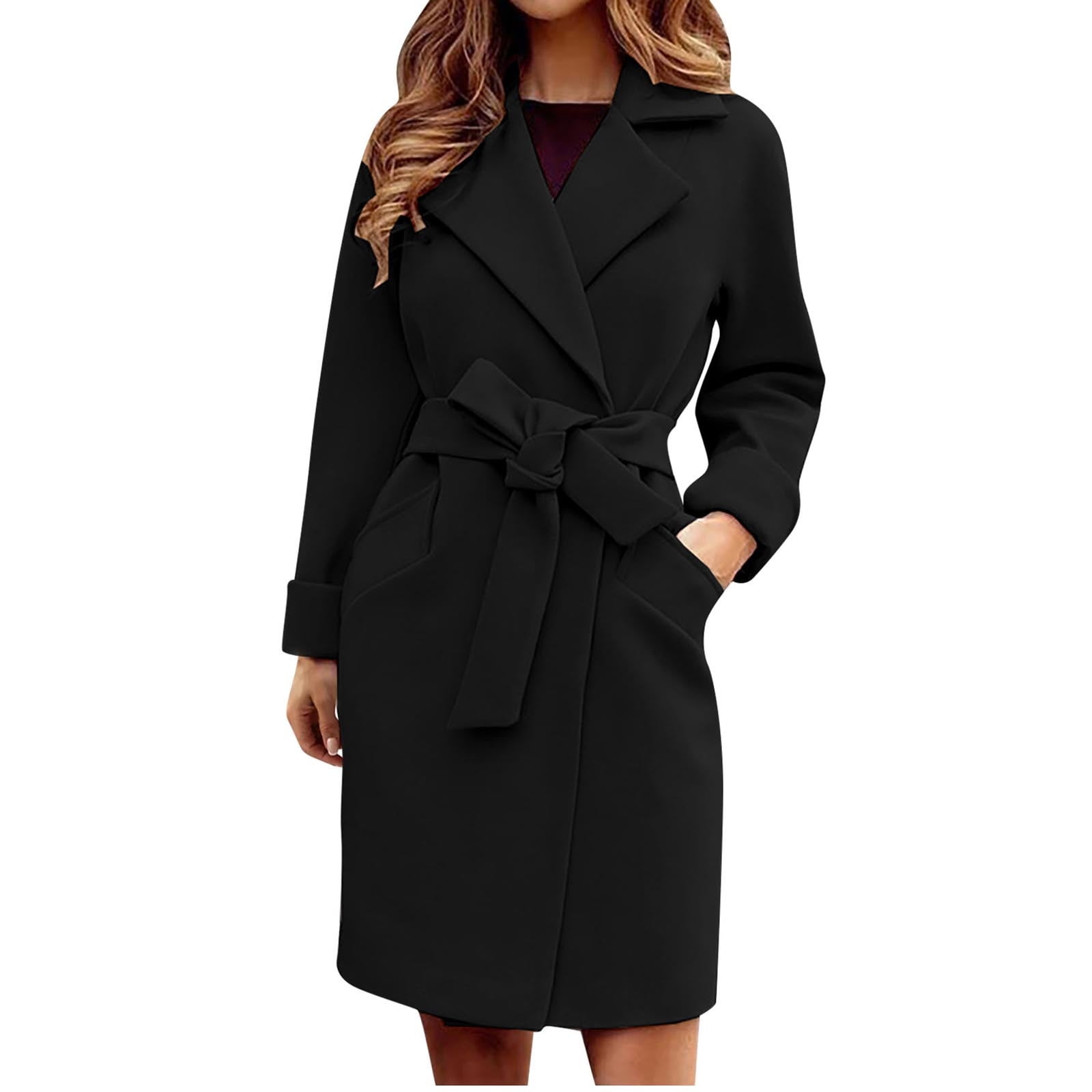 Olyvenn Belted Lapel Long Overcoat Women's Plus Size Loose Female ...